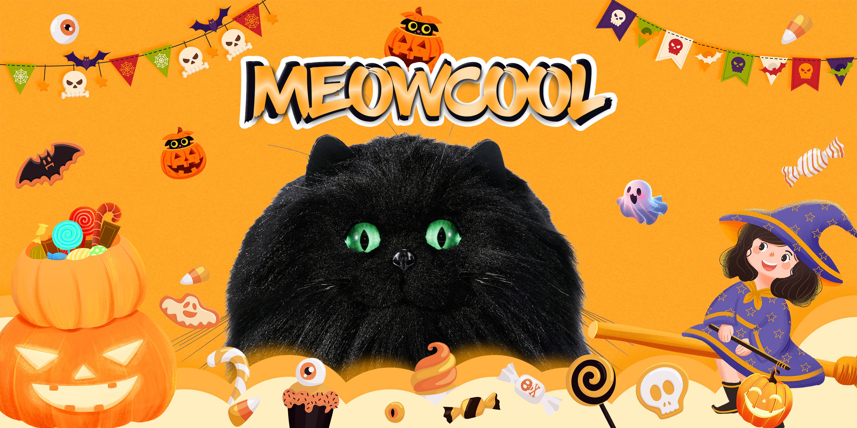 🎃MEOWCOOL Large Black Long-Haired Cat Plush Purse with Green Slit Eyes