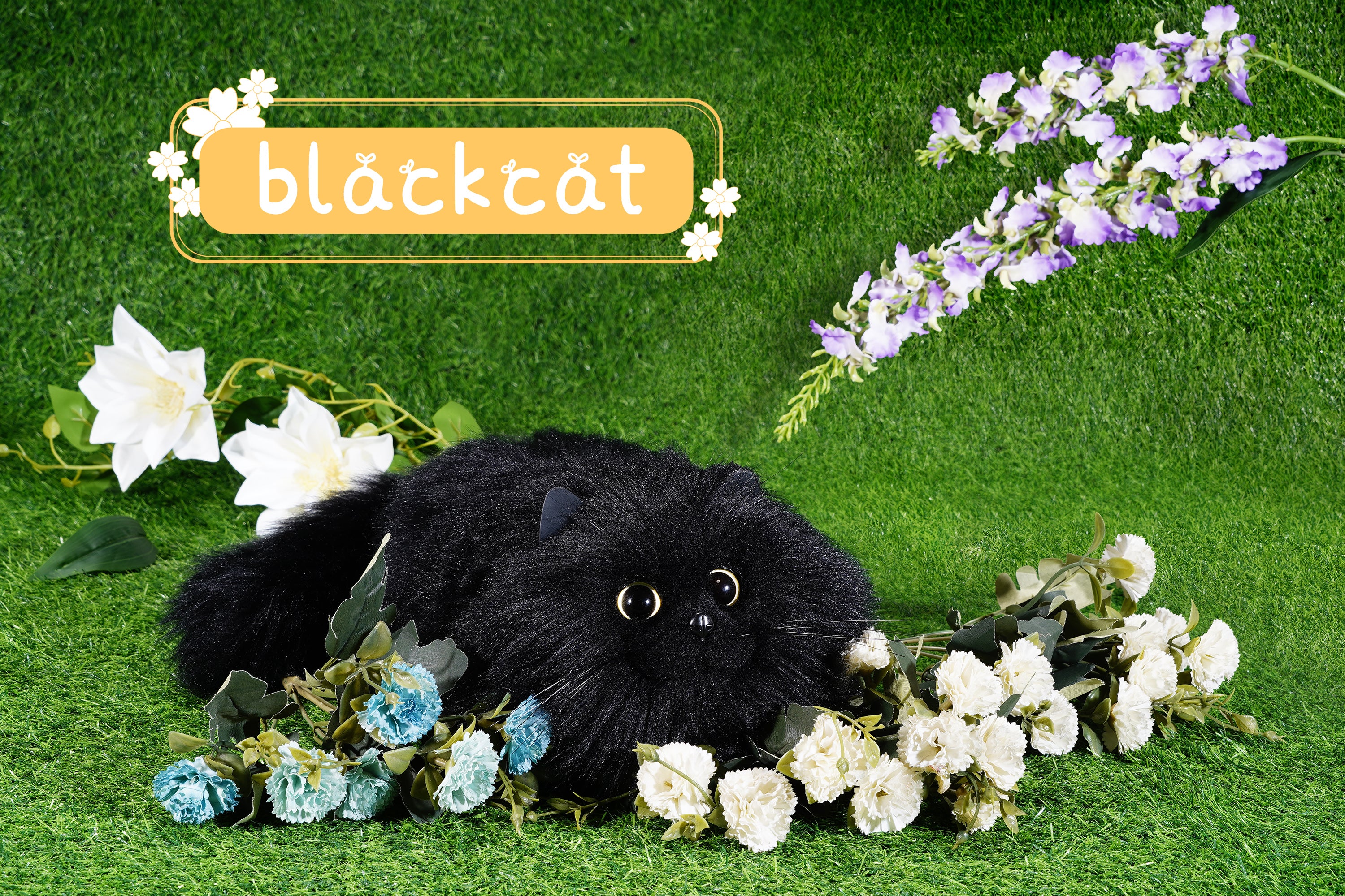 MEOWCOOL Large Black Long-Haired Cat Plush Purse with Yellow Eyes💛